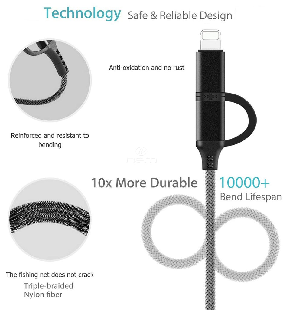 4in1 USB C Fast Charging 3Ft Cable PD 60W Nylon DC22 Black - EZ CELL INC